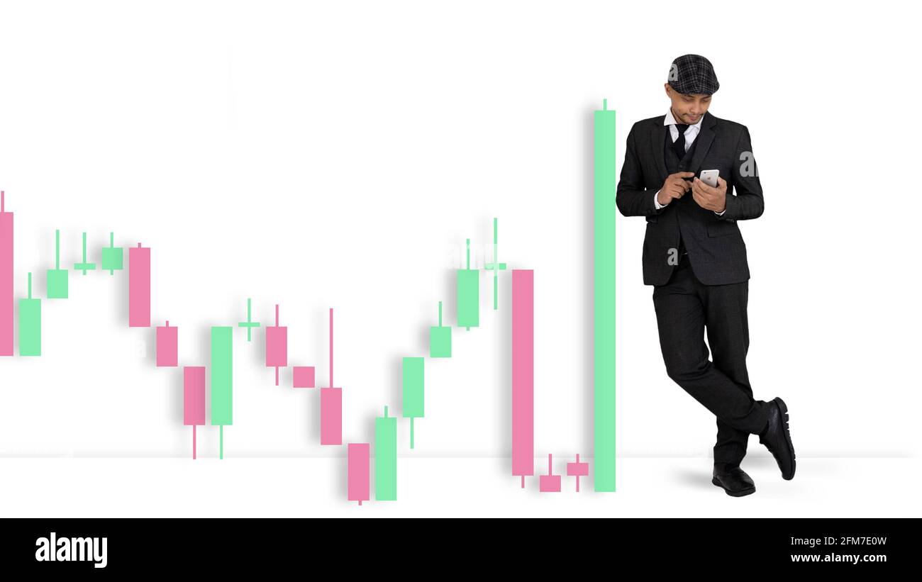 Investment Concept Images.A man uses a cell phone to trade stocks ...