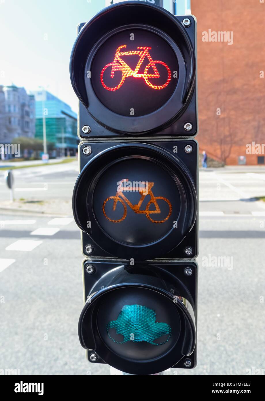 Closeup of the red bicycle sign on the traffic light Stock Photo - Alamy