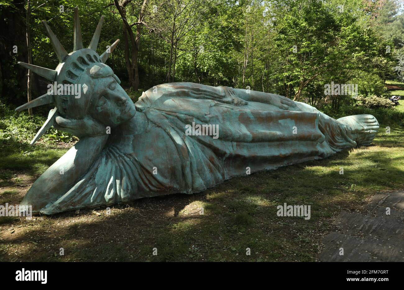 New York, New York, USA. 6th May, 2021. A view of 'Reclining Liberty' a 25 foot long sculpture ...