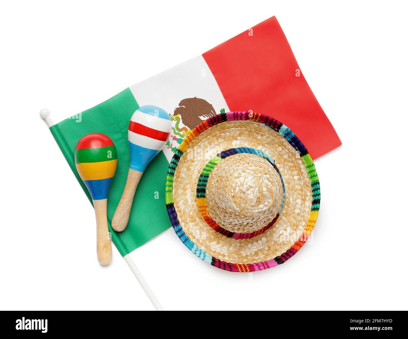 Mexican flag, maracas and sombrero hat on white background Stock Photo ...