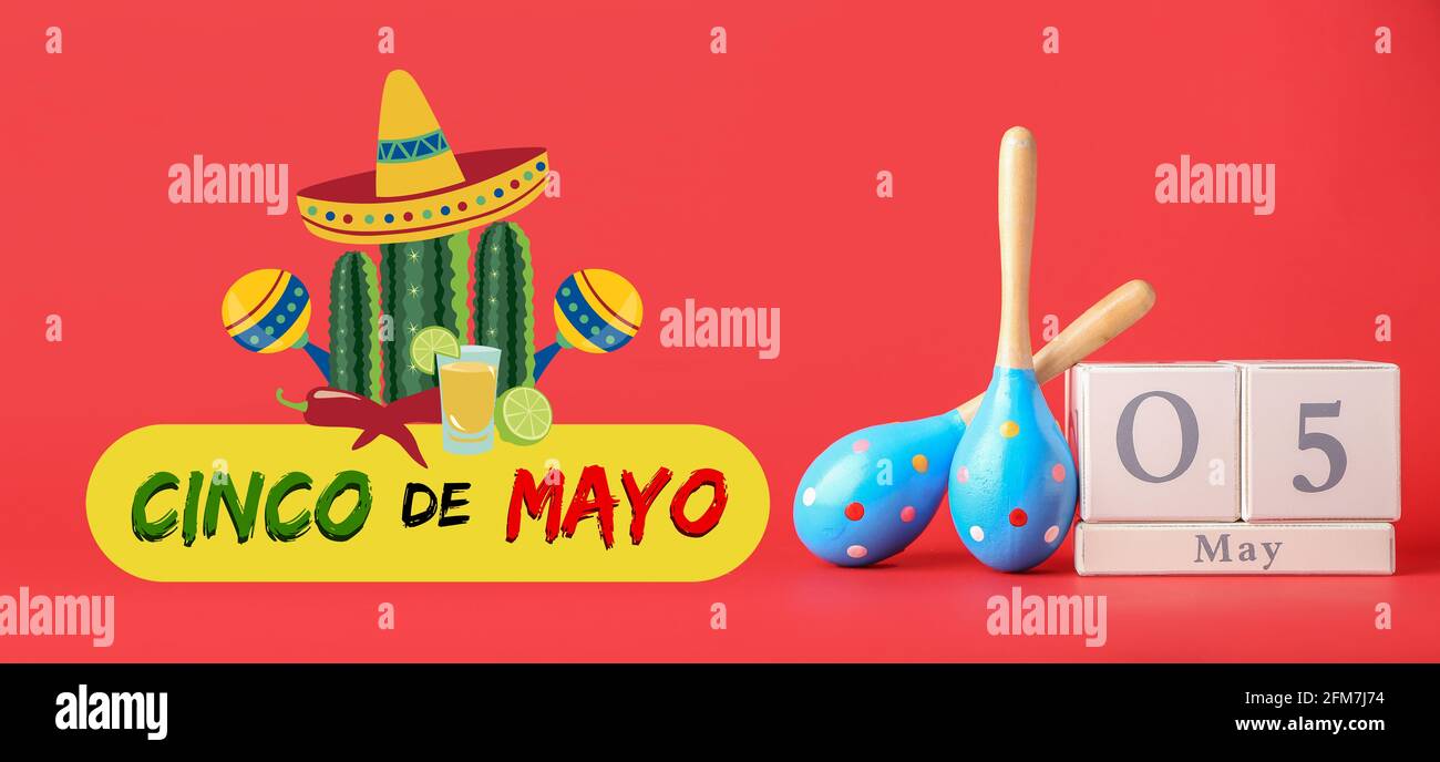 Calendar with date of Cinco de Mayo (Fifth of May) and maracas on color ...