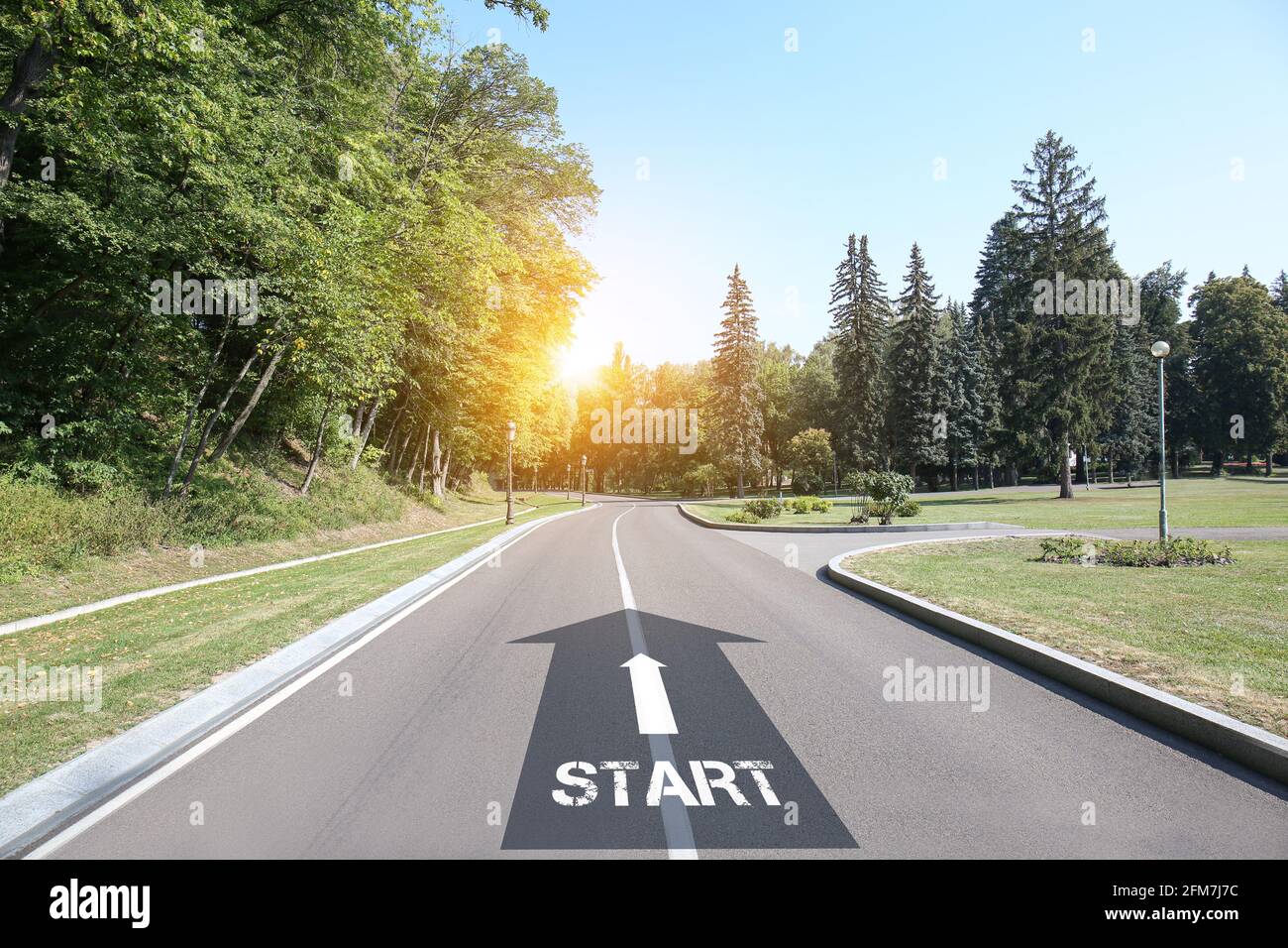 Road with arrow pointing in one direction. Concept of travelling and ...