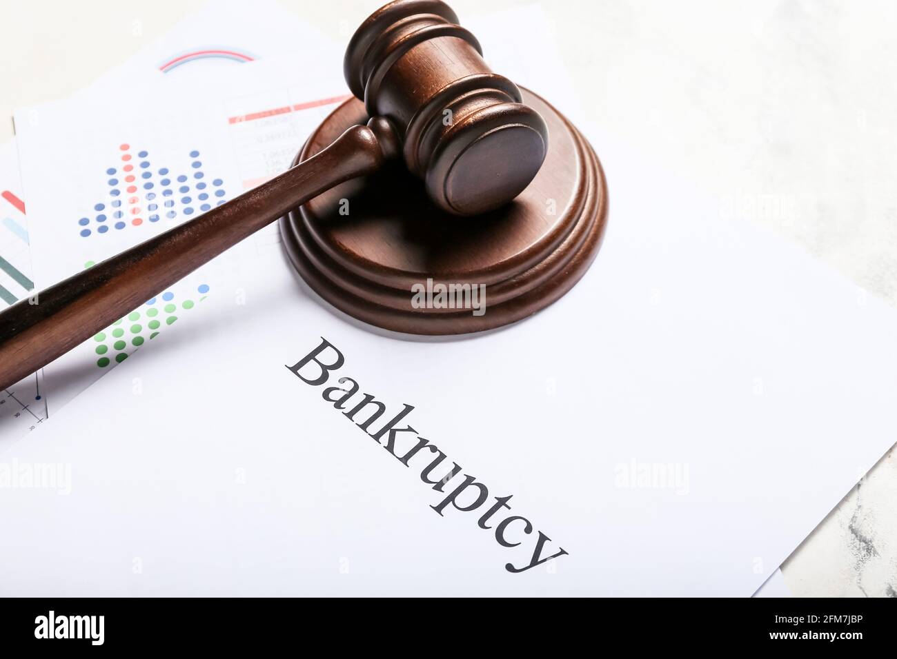 Judge gavel, documents and paper sheet with word BANKRUPTCY on white ...
