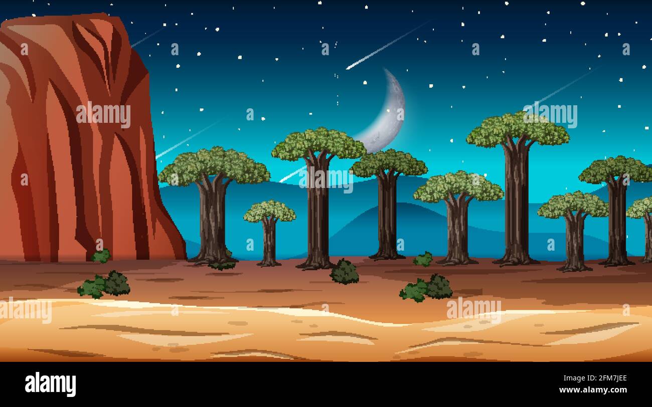 African Savanna forest landscape scene at night illustration Stock ...