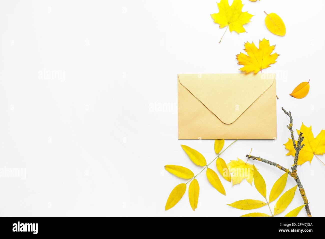 Envelope and autumn leaves on white background Stock Photo - Alamy