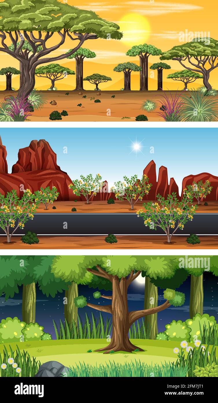 Set of different forest horizontal scenes illustration Stock Vector ...