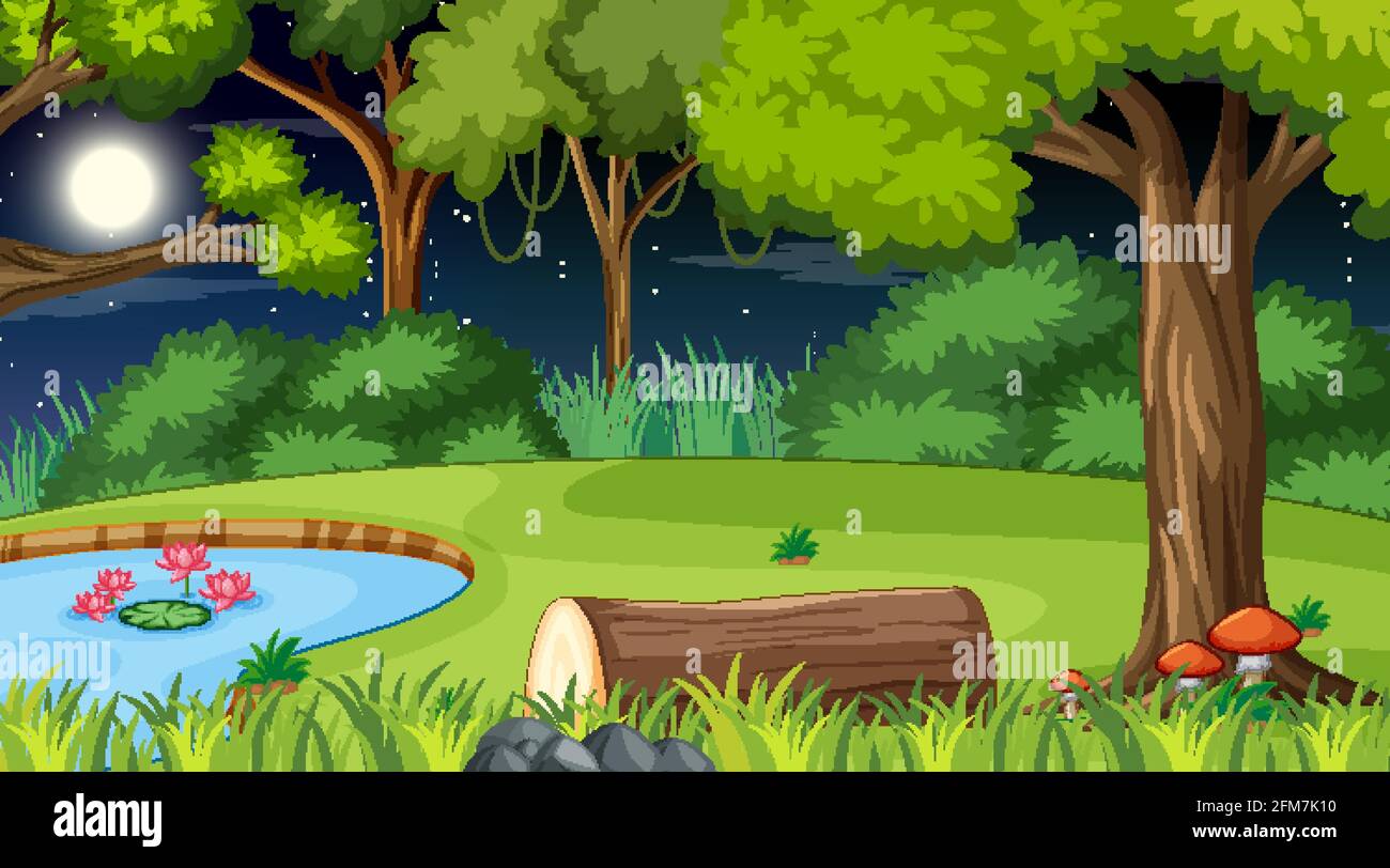 Forest nature scene with pond and many trees at night illustration ...