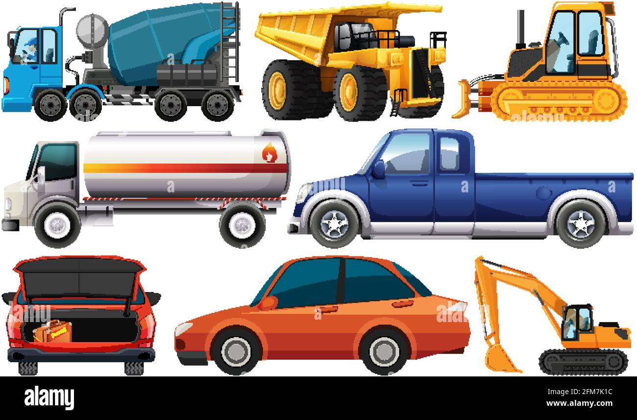 Set of different kind of cars and trucks isolated on white background ...