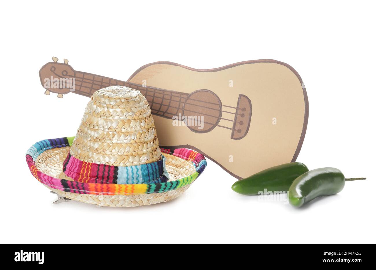 Mexican sombrero, chili pepper and drawn guitar on white background ...