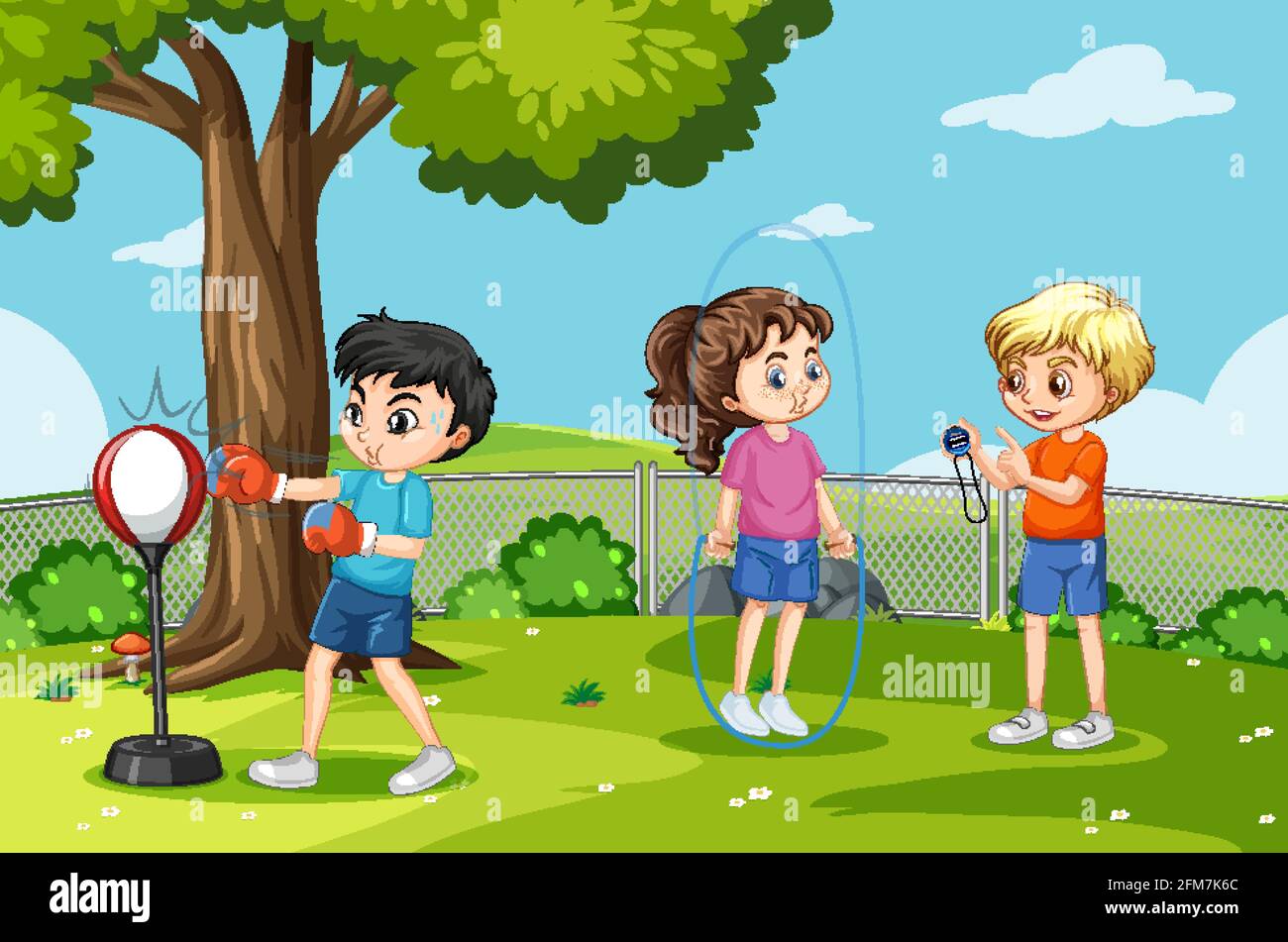 Outdoor scene with many children doing different activities ...