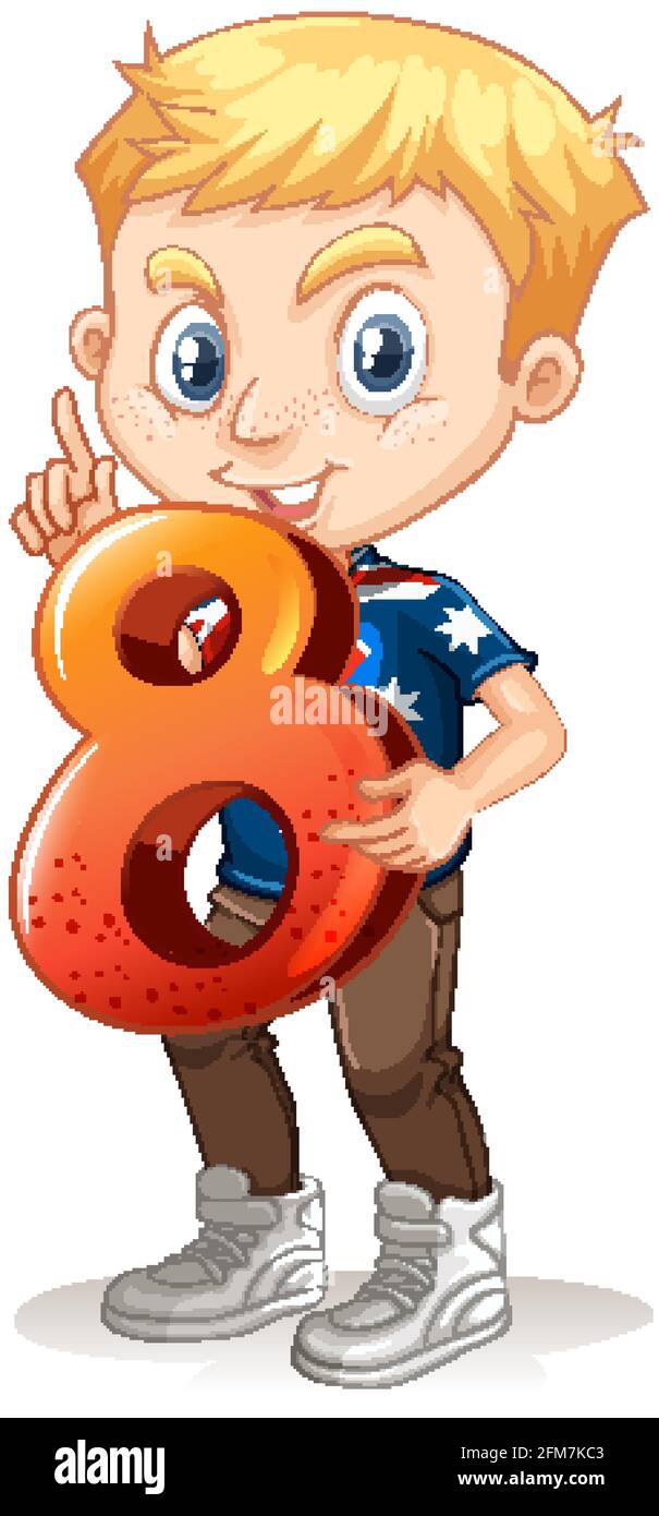 Cute boy with blonde hair holding math number eight illustration Stock ...