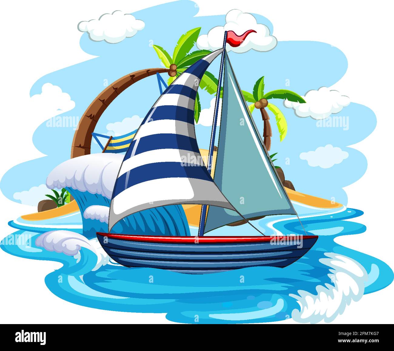 A sailboat on water waves isolated on white background illustration ...