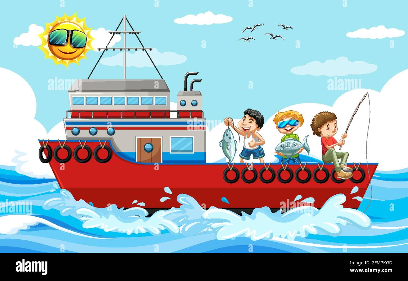 Sea scene with children fishing from ship illustration Stock Vector ...