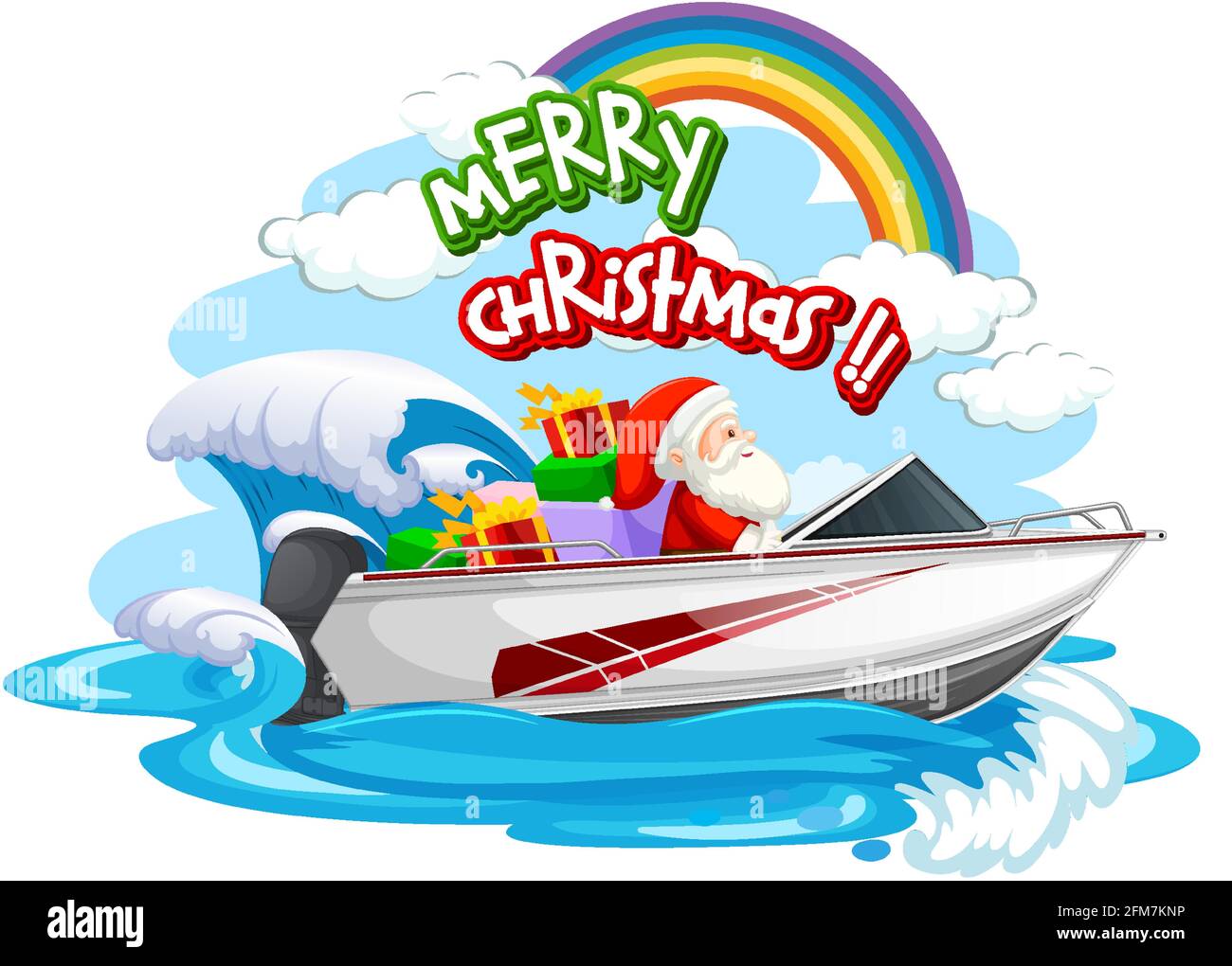 Merry Christmas font with Santa Claus in speed boat with many gifts ...