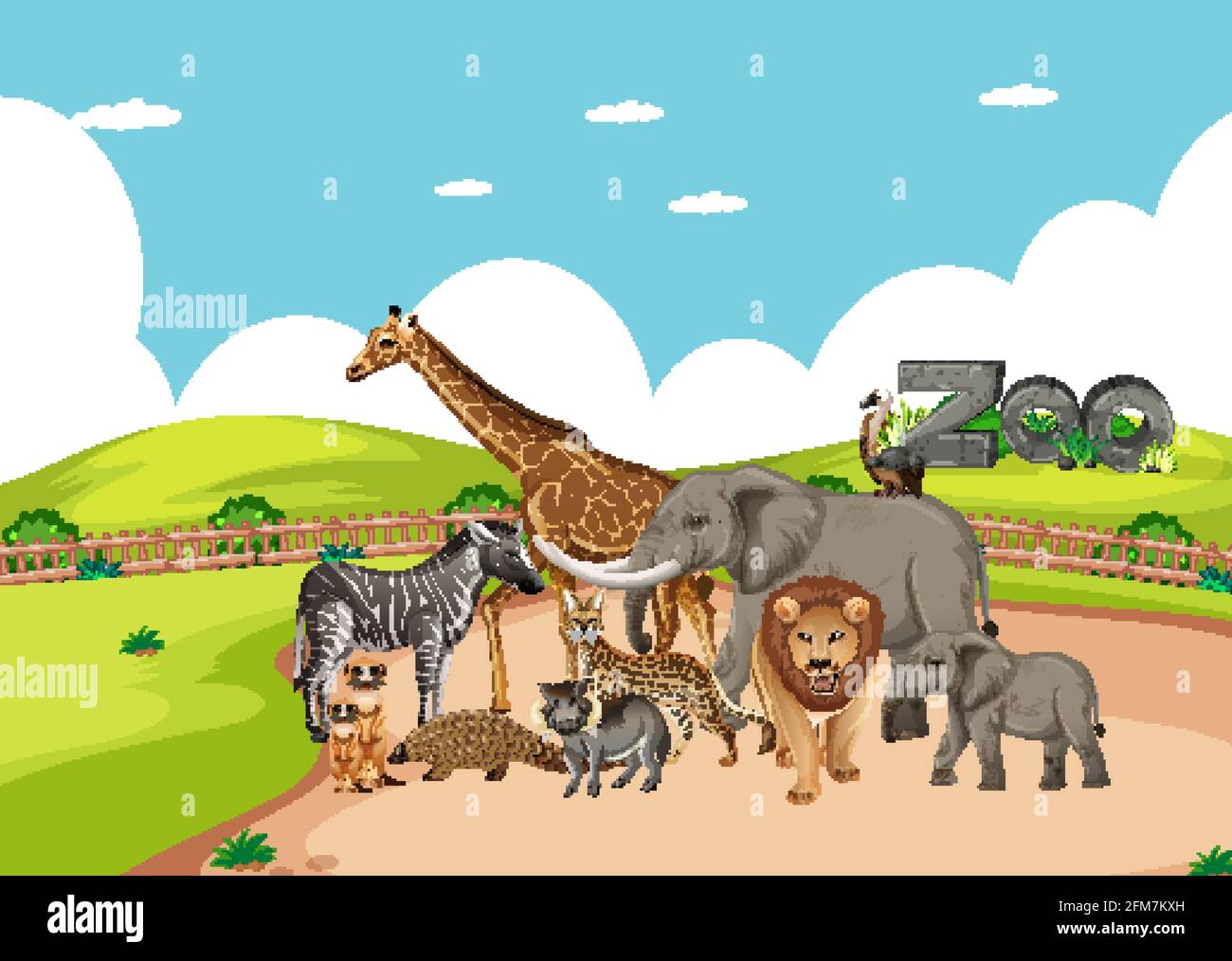 Group of wild african animal in the zoo scene illustration Stock Vector ...