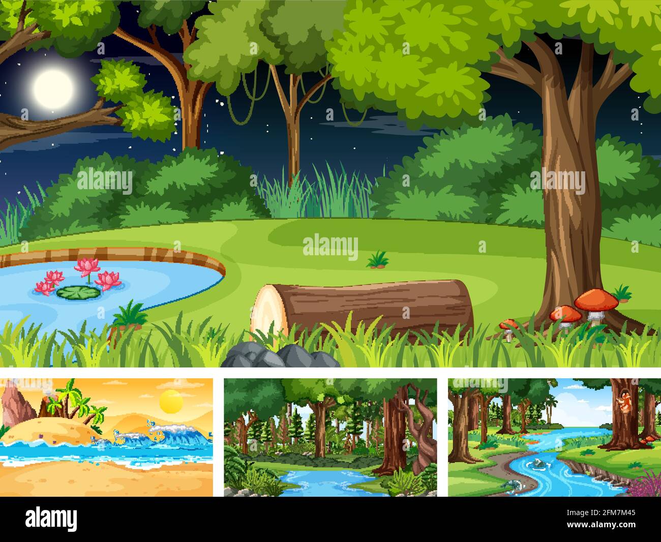 Different nature horizontal scenes in cartoon style illustration Stock ...