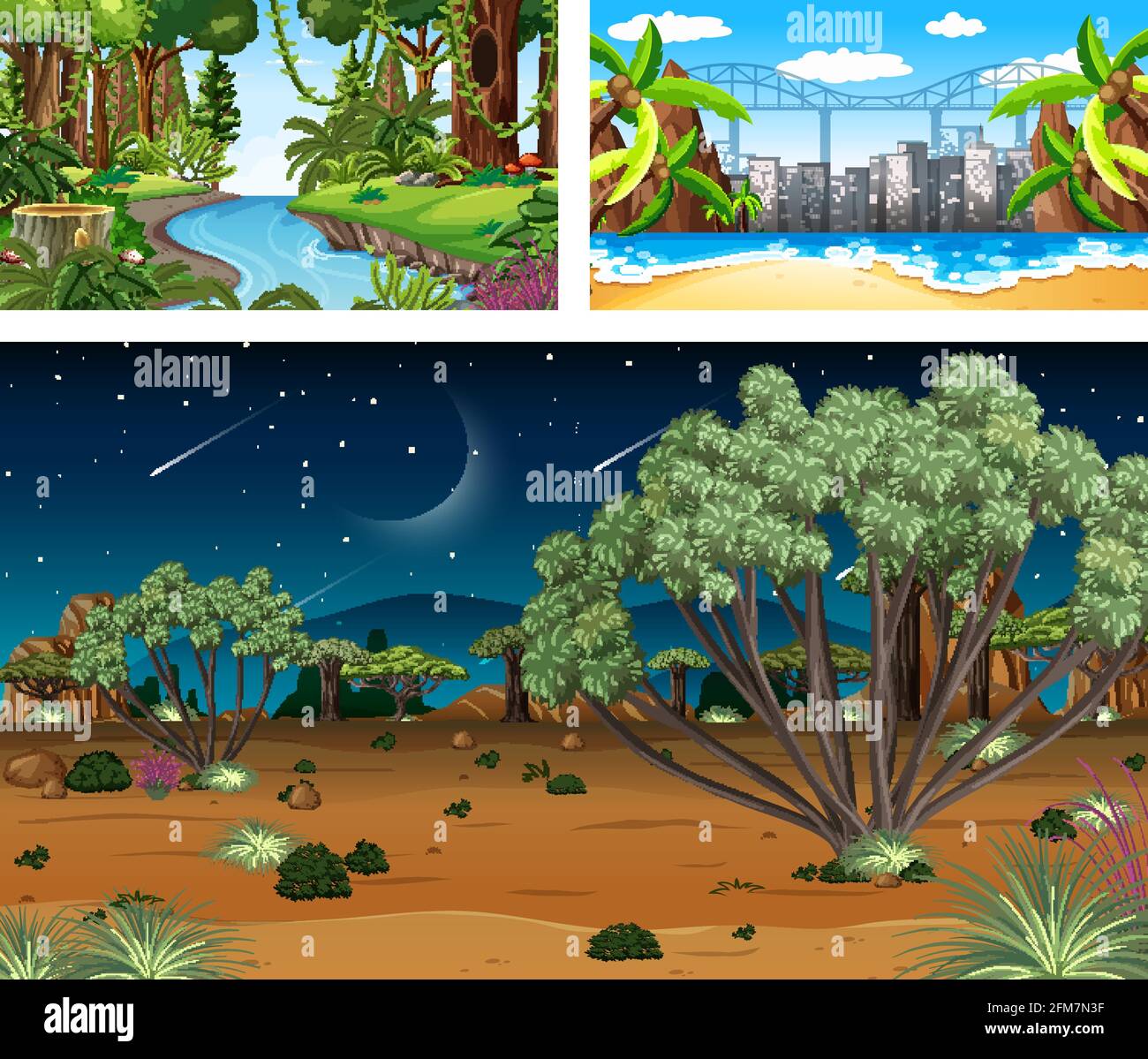Different nature horizontal scenes in cartoon style illustration Stock ...