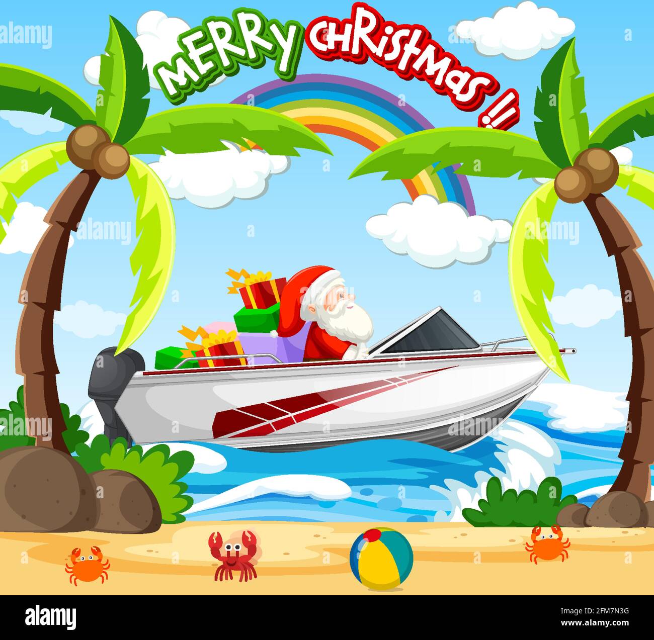 Santa Claus driving speed boat on the beach scene illustration Stock ...