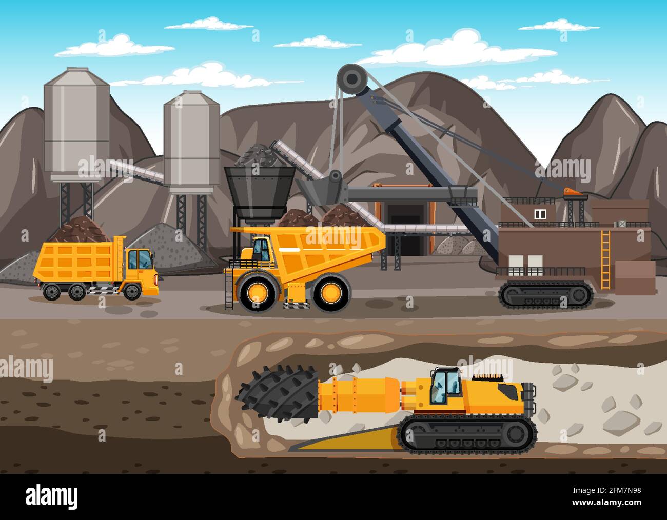 Landscape of coal mining with underground scene illustration Stock ...