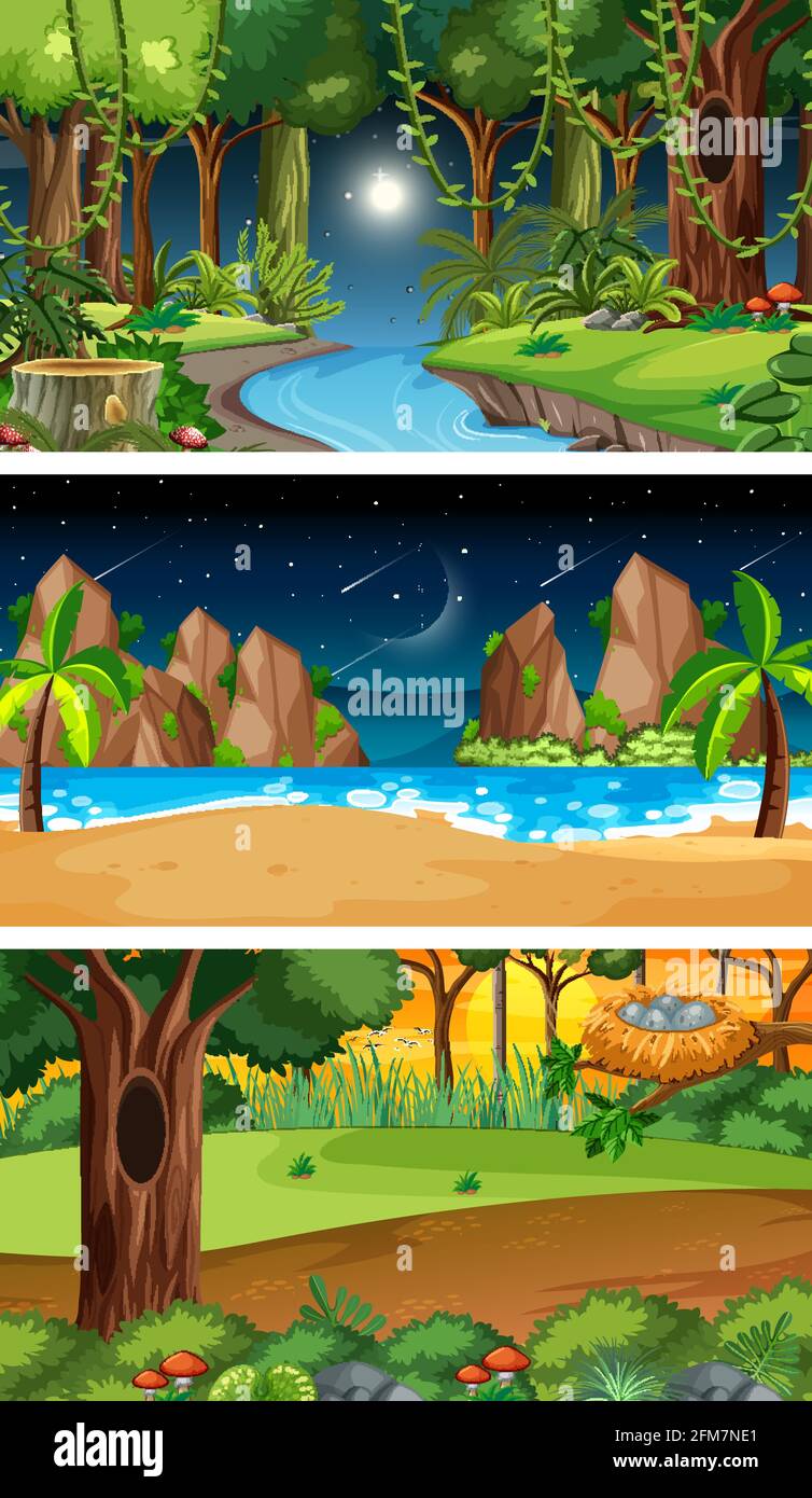 Three different nature horizontal scenes illustration Stock Vector ...