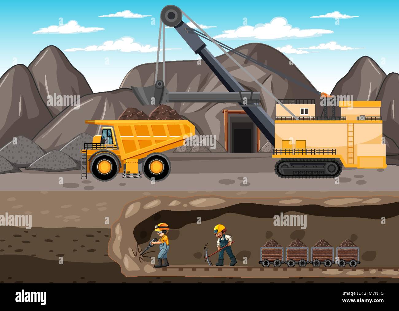 Landscape of coal mining with underground scene illustration Stock ...