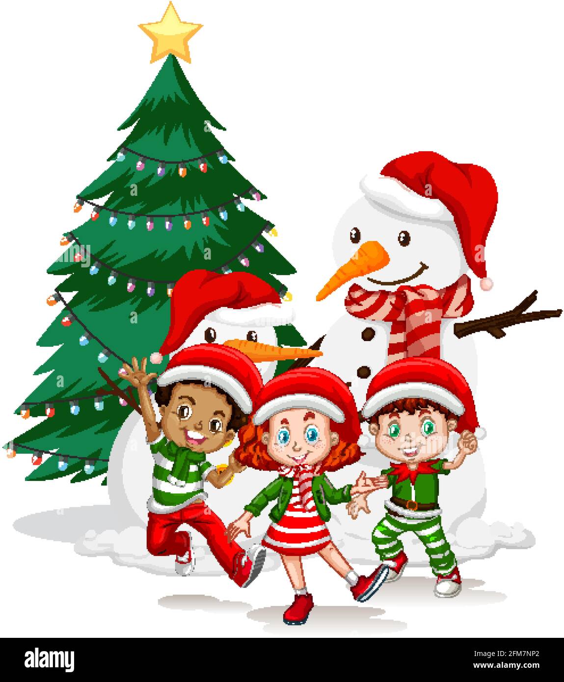 Children wear Christmas costume cartoon character with snowman on white ...