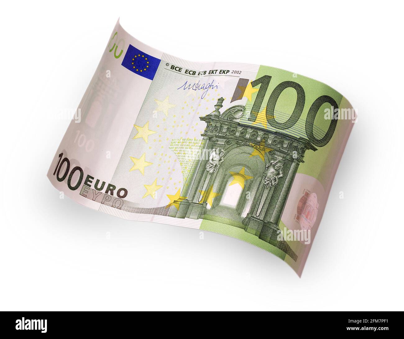 one hundred euro banknote behind wave carved on a white background ...