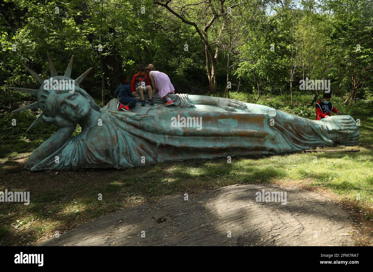 New York, New York, USA. 6th May, 2021. A view of 'Reclining Liberty' a 25 foot long sculpture ...