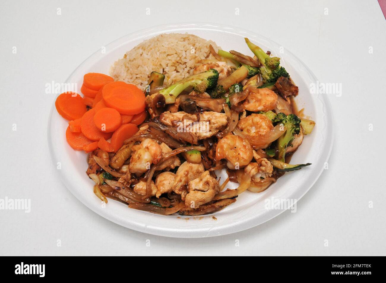 Traditional Japanese cuisine dish known as hibachi chicken and shrimp ...