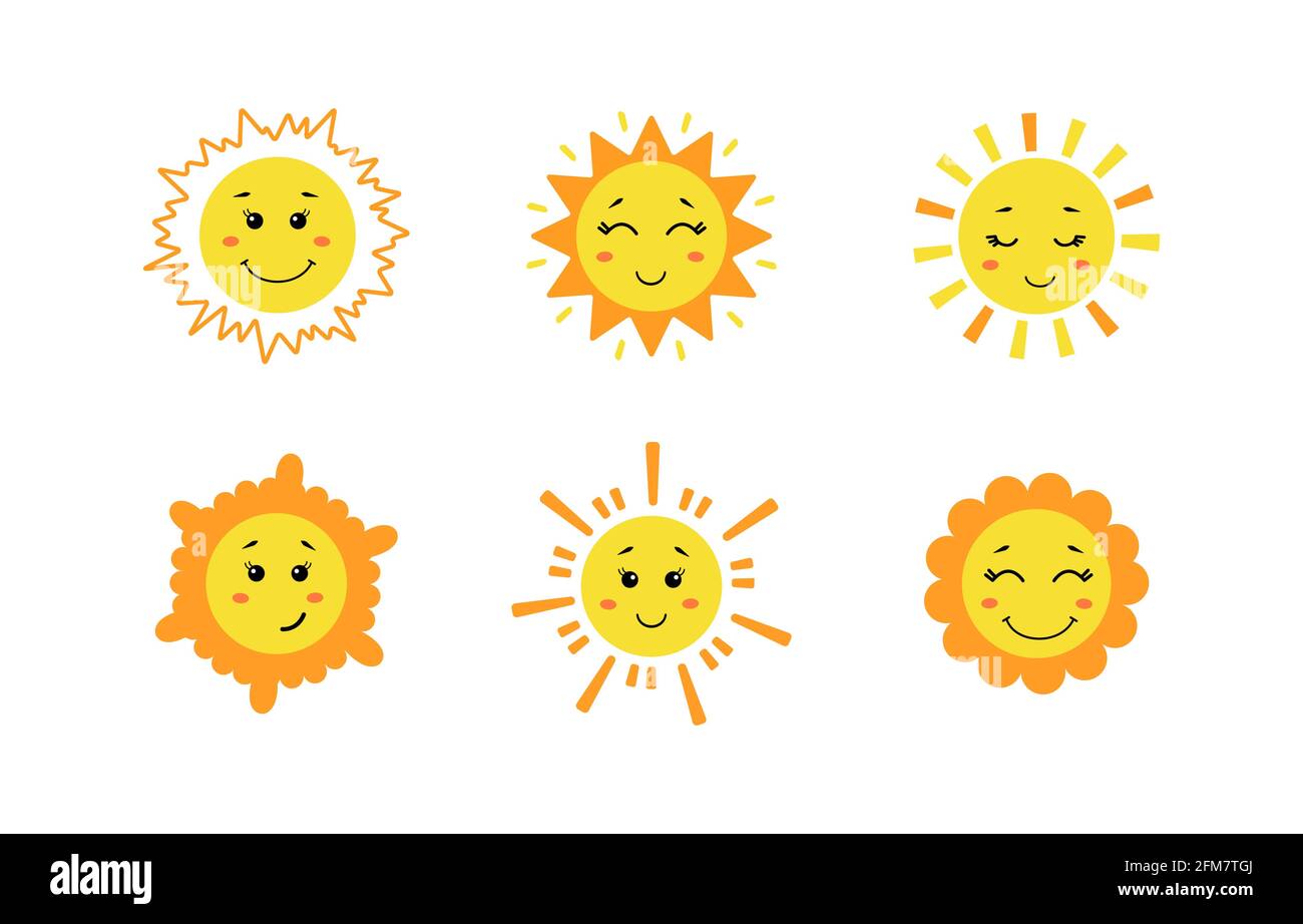 Set of cute hand drawn sun. Yellow funny suns with different emotions ...