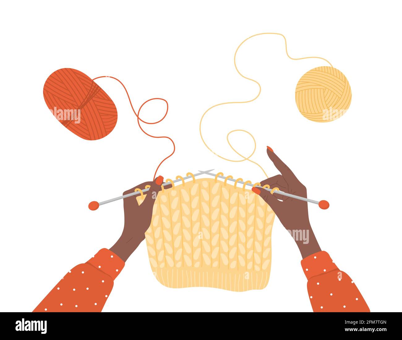 Knitting process. Balls of yarn. African female hands with needles and ...