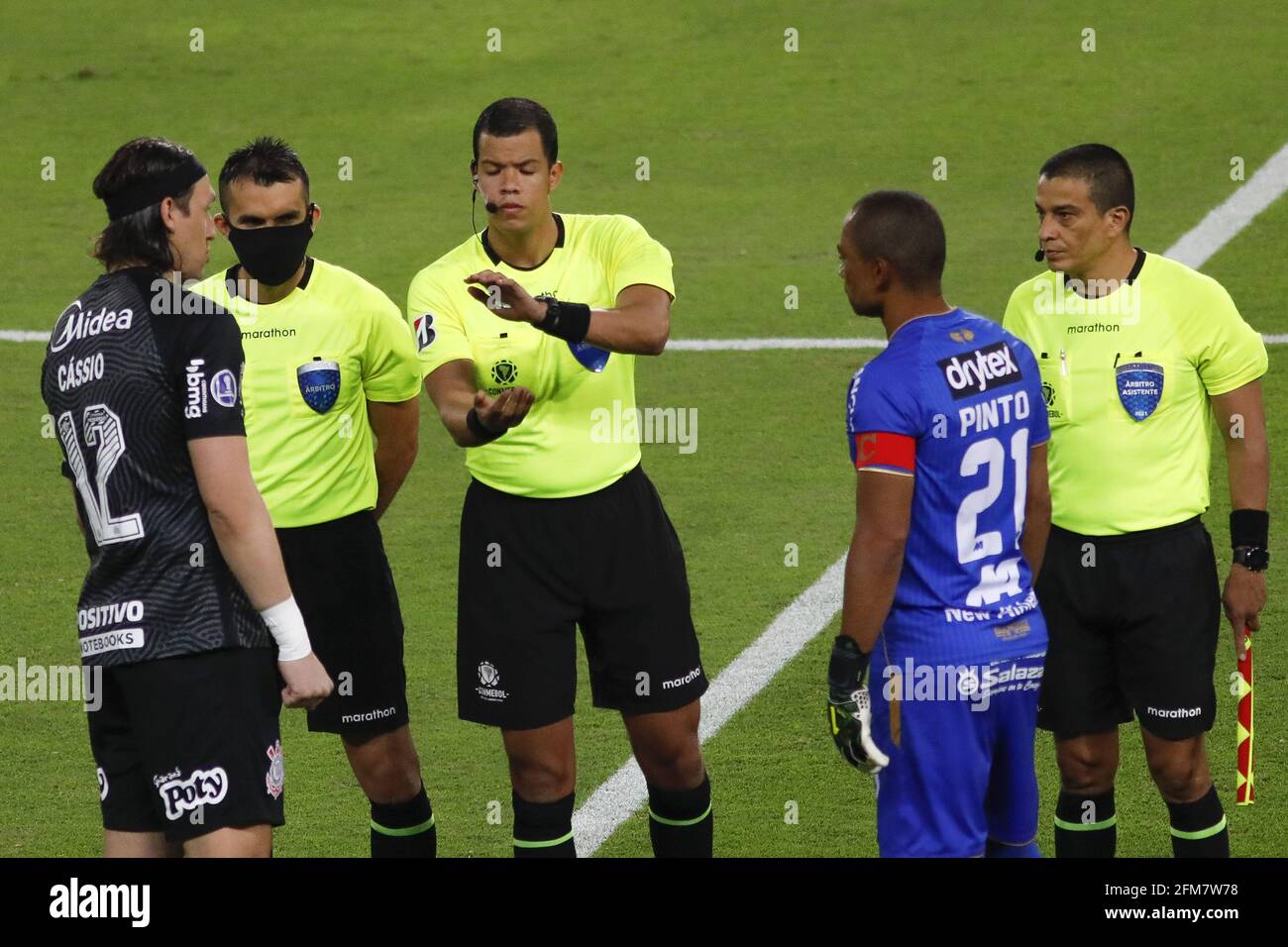 Lima, Peru. 06th May, 2021. Referee Jhon Ospina ( COL ) with Captains ...