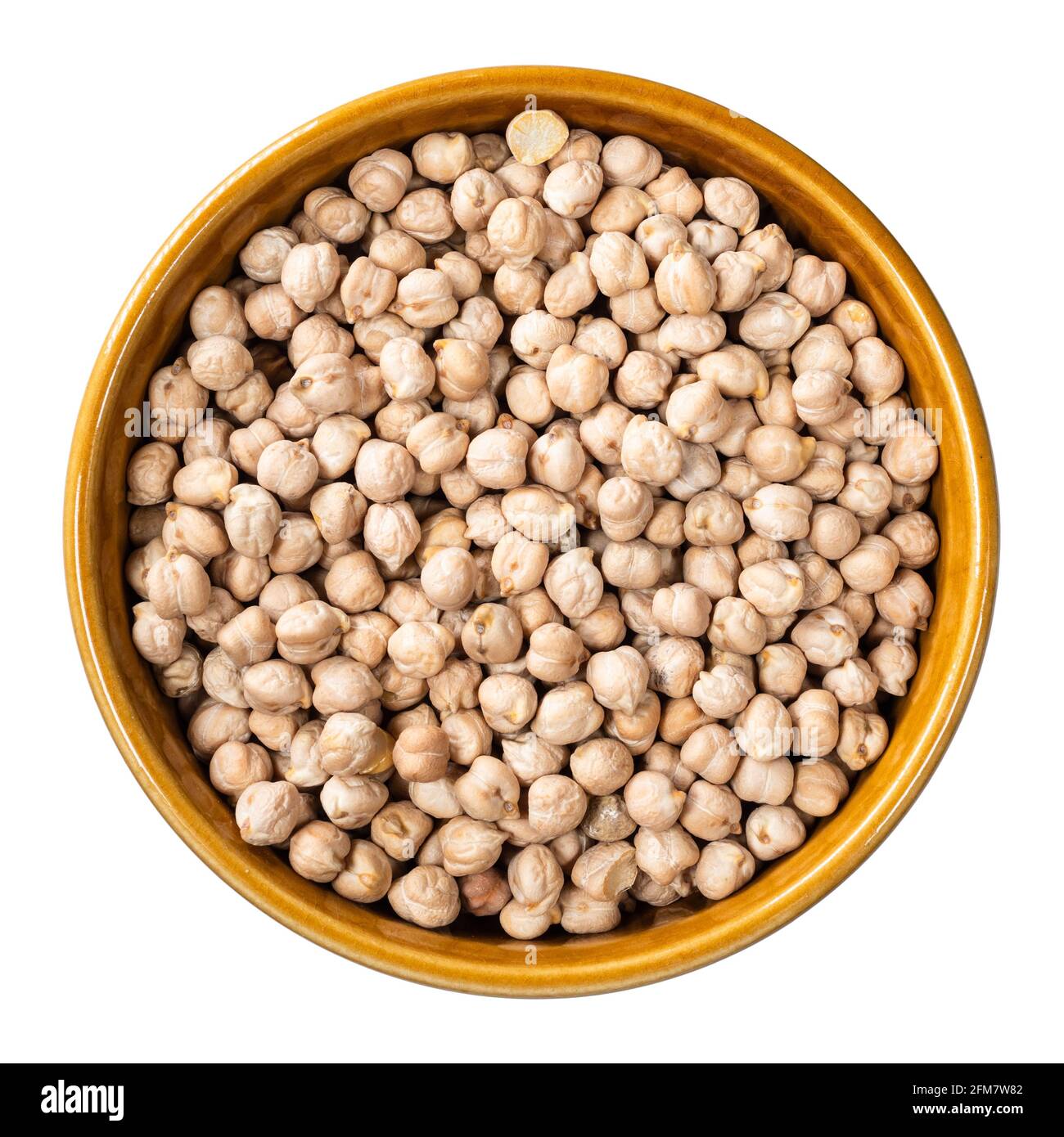 top view of chickpea seeds in round bowl cutout on white background ...