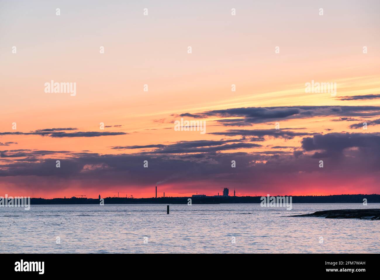 Helsinki center silhouette seen from Kutuhället island, Sipoo, Finland ...