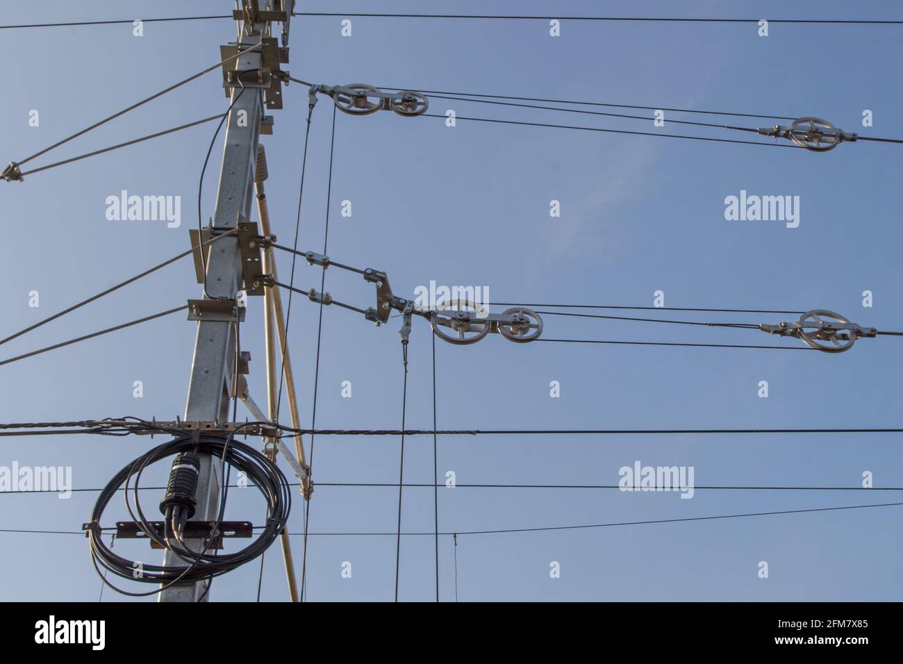 Structure is mounted on a metal support at railway, consisting of a ...