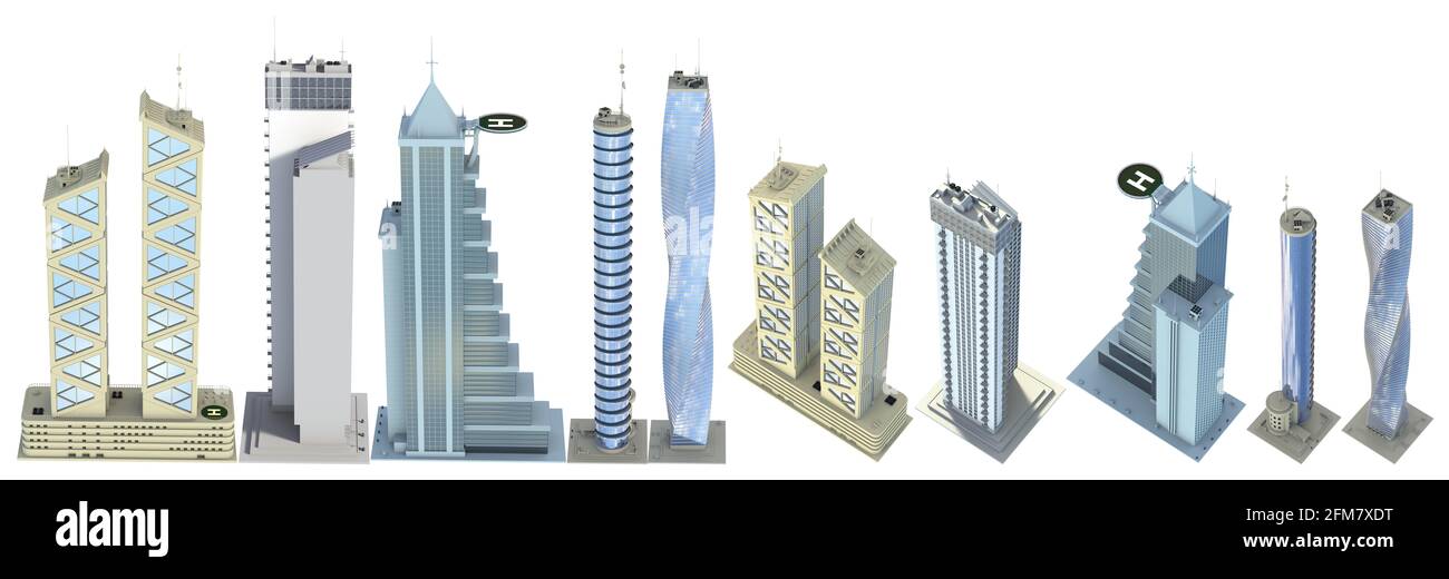 Set of very detailed modern skyscrapers with fictional design and ...