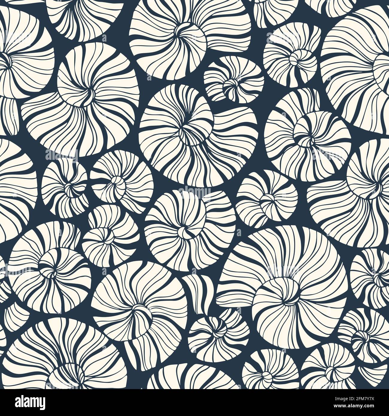 Hand-Drawn Sea Shells, Fossils Blue and Cream Vector Seamless Pattern ...