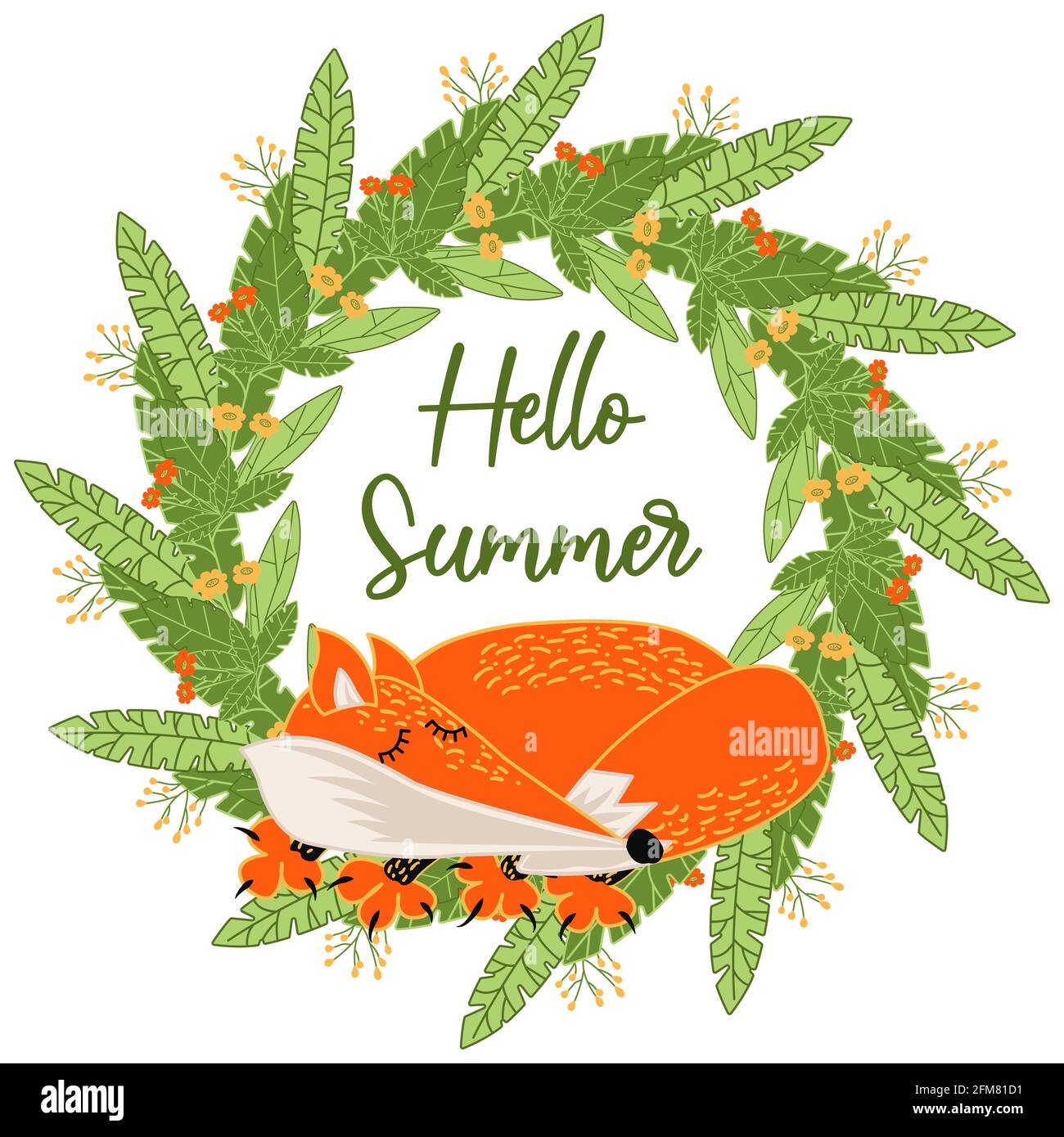 Sleeping red fox, wreath of forest plants, lettering Hello summer ...
