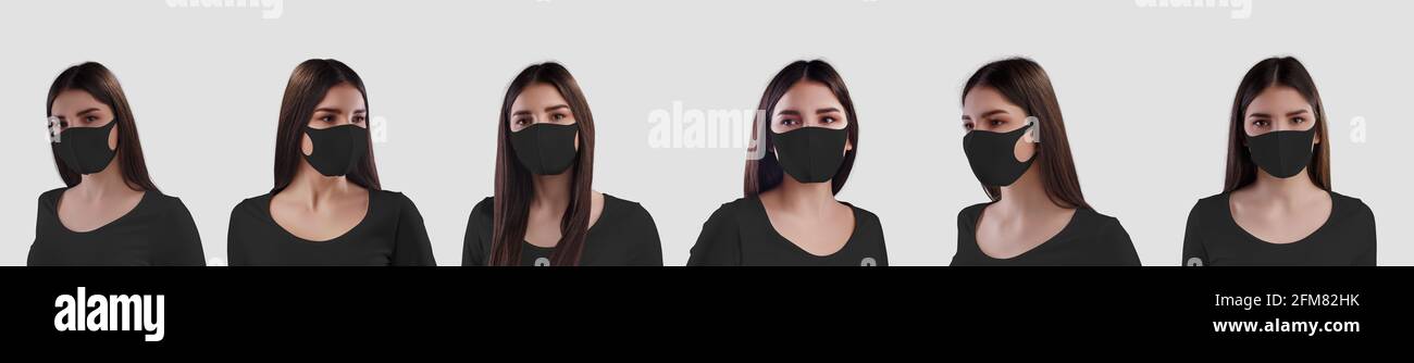 Mockup of black seamless mask on the face of a beautiful girl, isolated ...