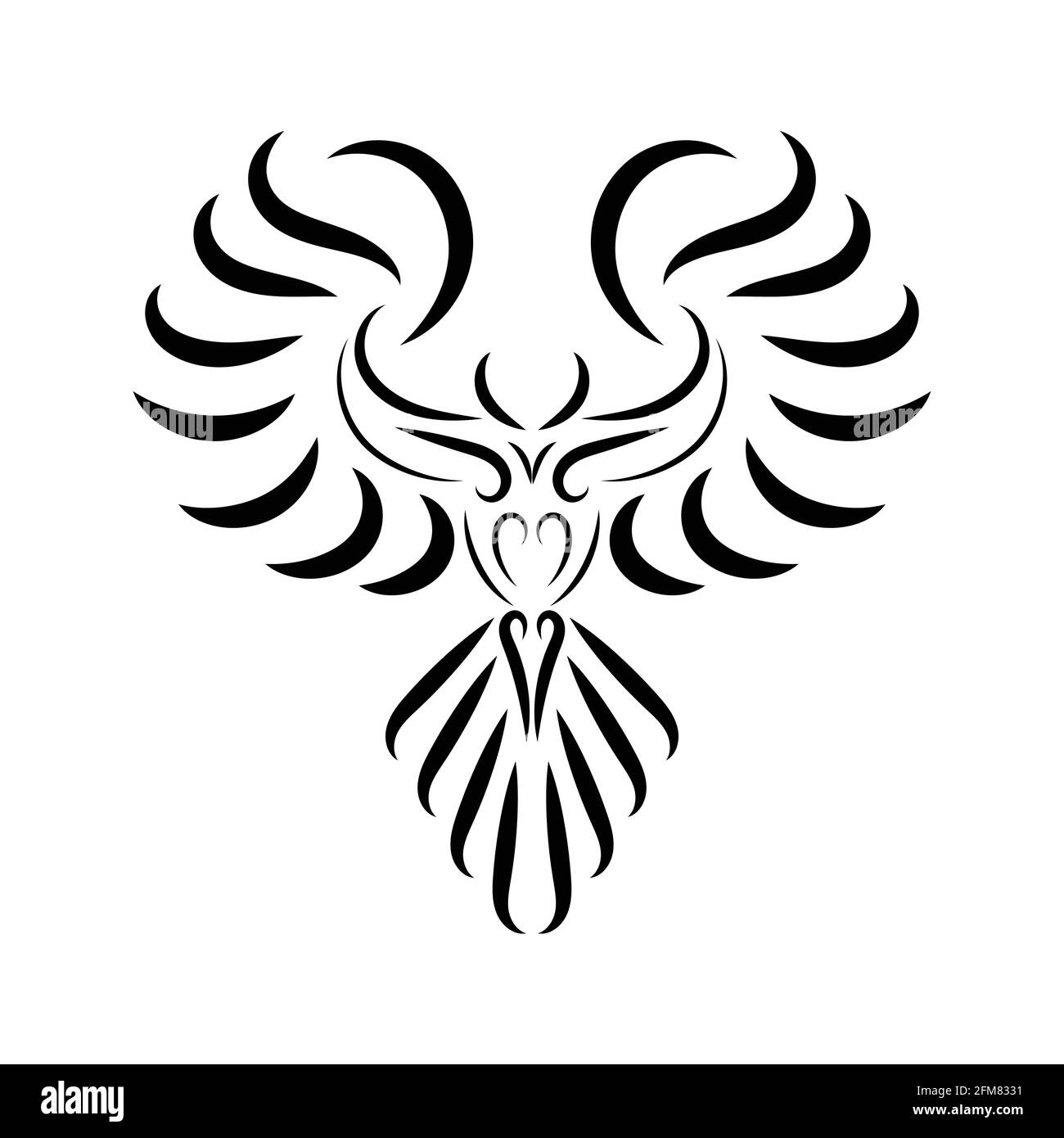 Black and white line art of eagle with beautiful wings. Curl floral ...