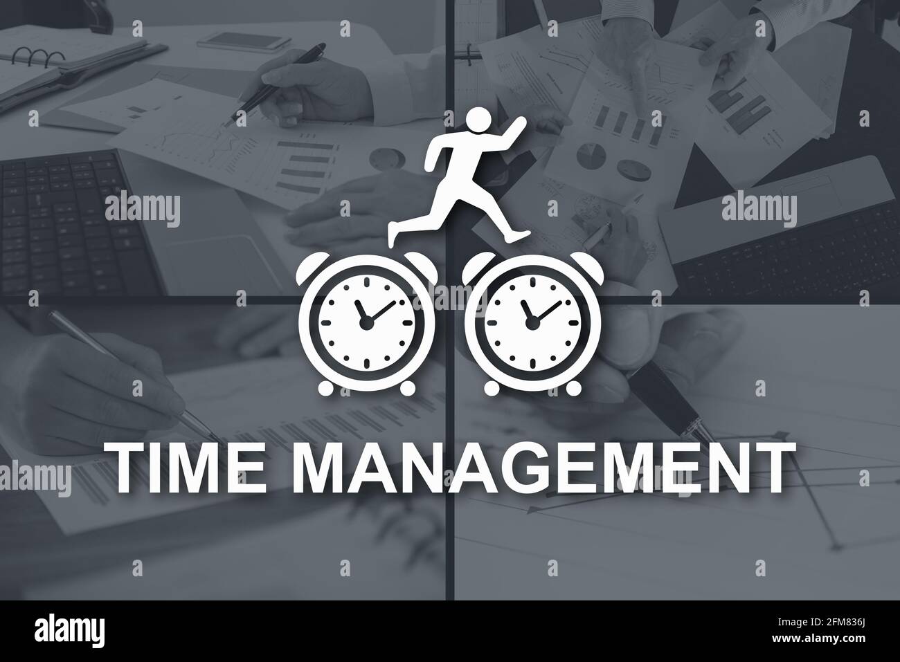 Time management concept illustrated by pictures on background Stock ...