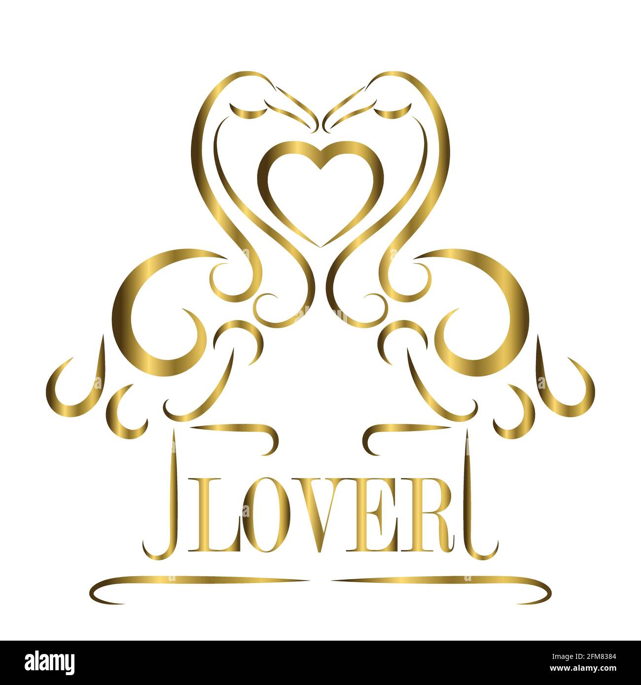 Gold line art of lovers flamingos with heart on a white background ...