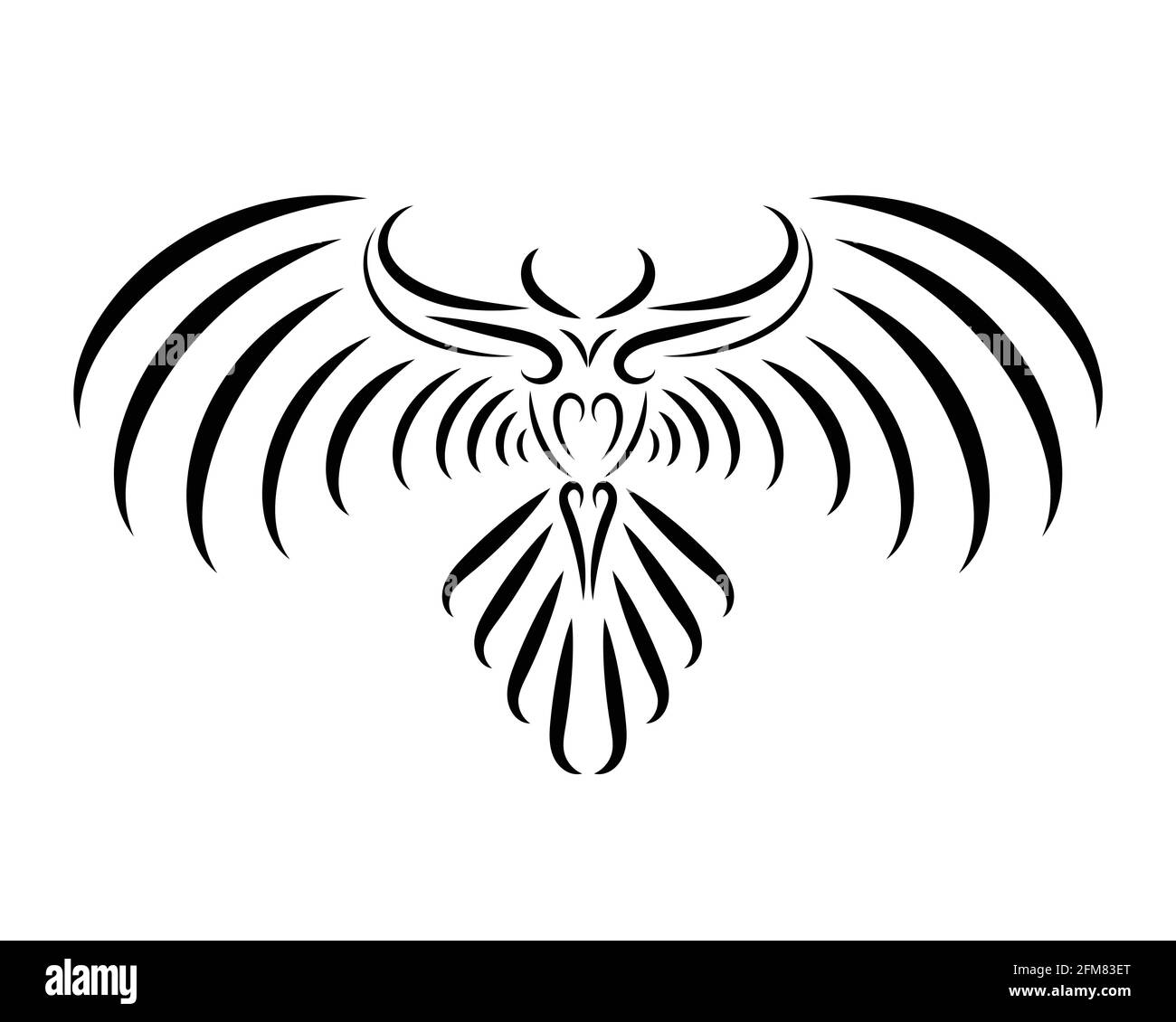 Black and white line art of eagle with beautiful wings. Curl floral ...