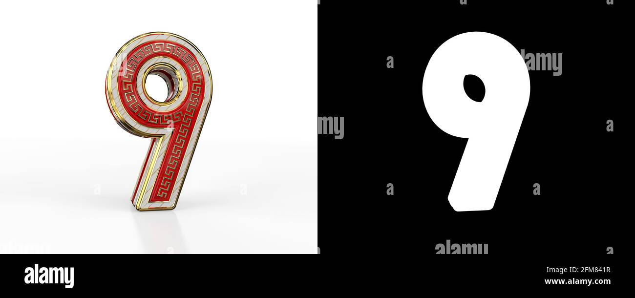 Number nine (number 9) with red transparent stripe on white background ...