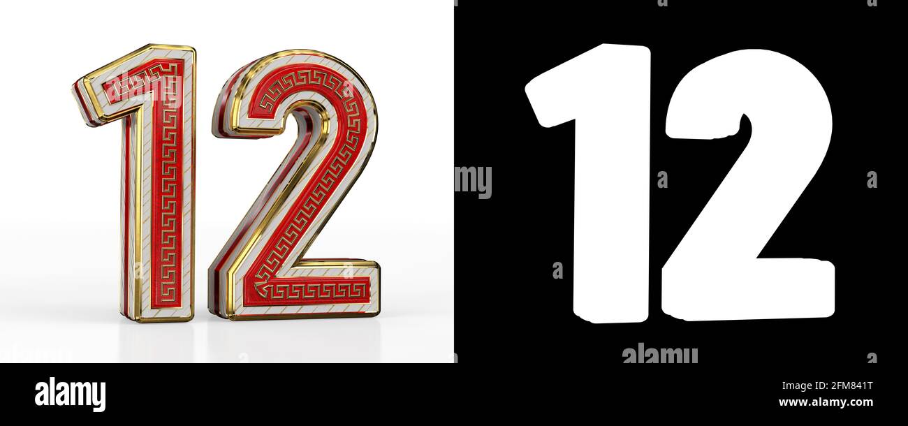 Number twelve (number 12) with red transparent stripe on white ...