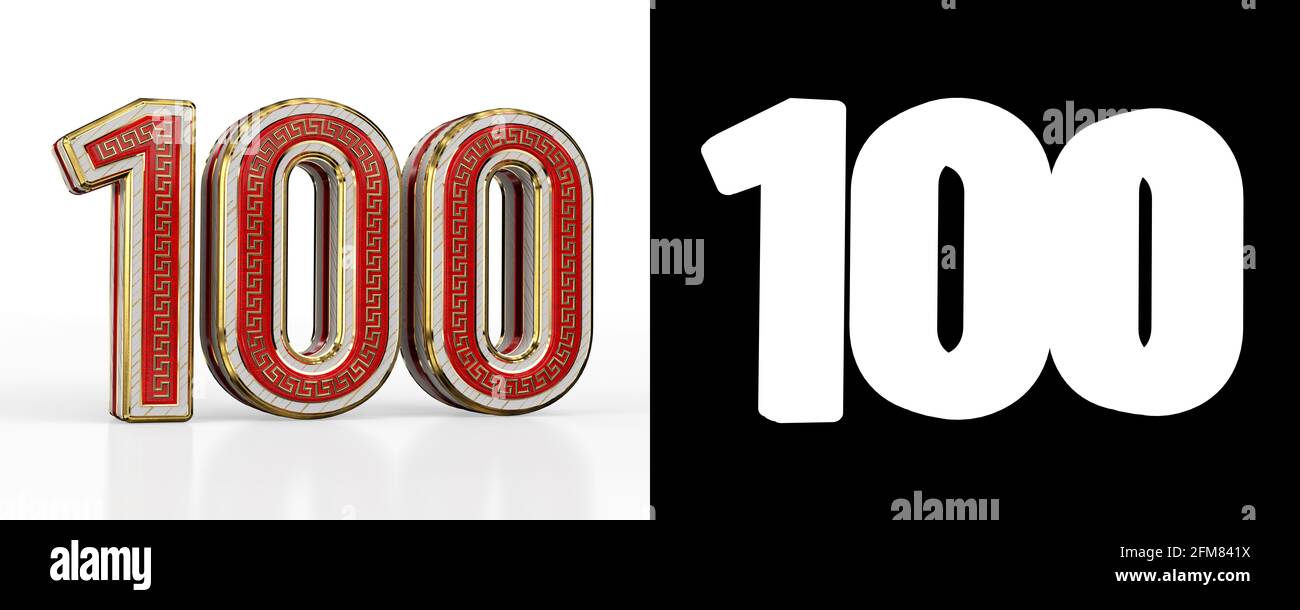 Number one hundred (number 100) with red transparent stripe on white ...