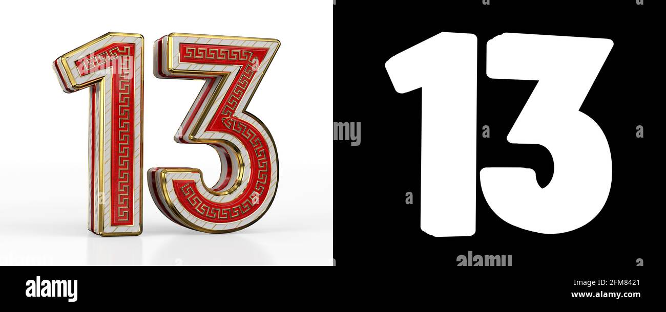 Number thirteen (number 13) with red transparent stripe on white ...