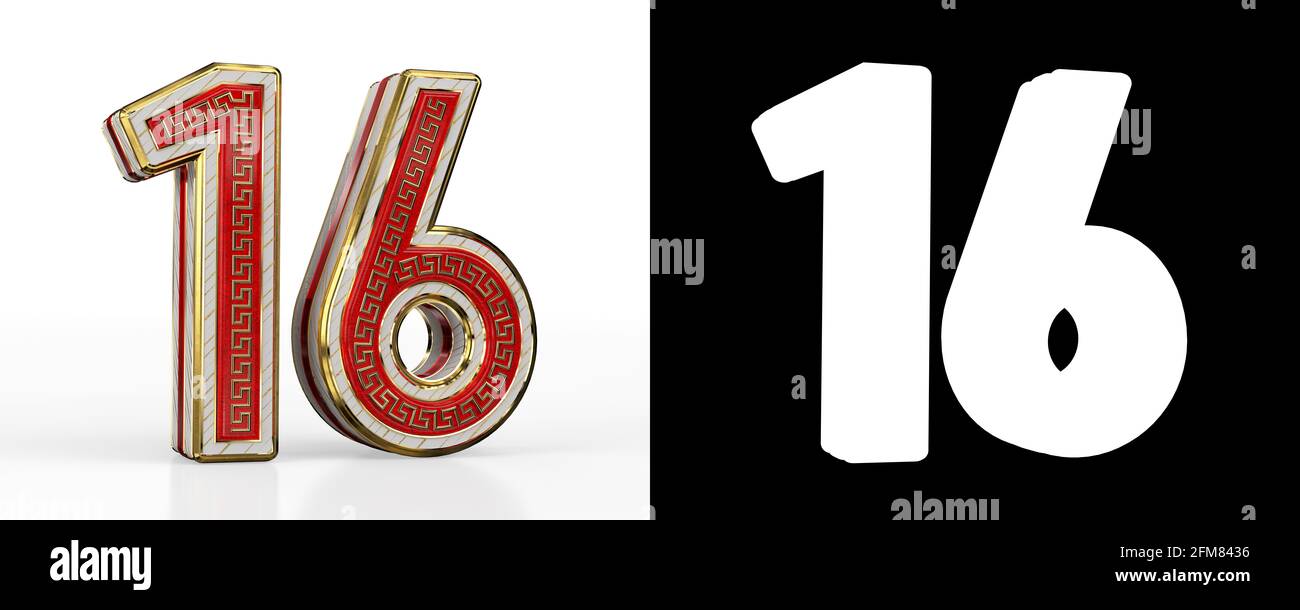Number sixteen (number 16) with red transparent stripe on white ...