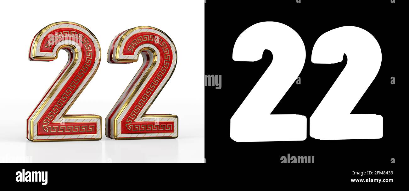 Number twenty-two (number 22) with red transparent stripe on white ...