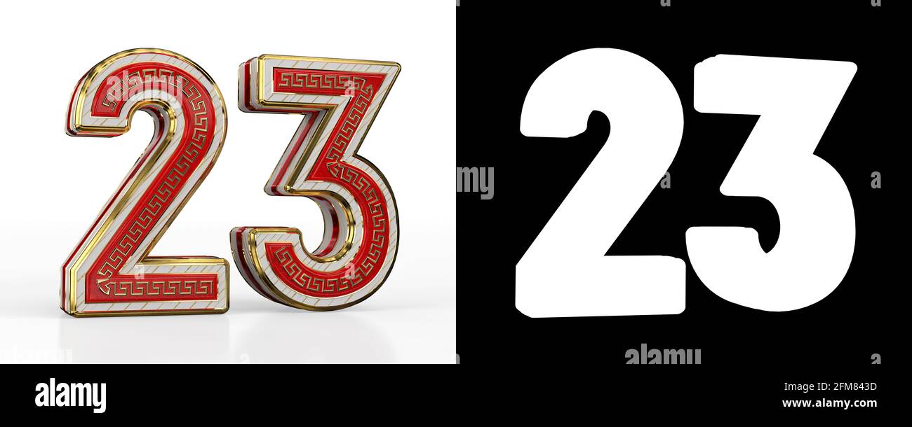 Number twenty-three (number 23) with red transparent stripe on white ...